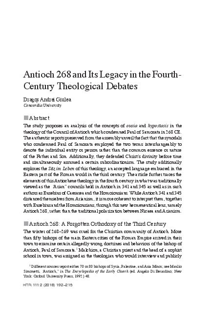 (PDF) Antioch 268 and Its Legacy in the Fourth- Century Theological Debates
