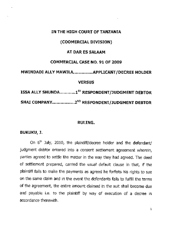 (PDF) COOMERCIAL DIVISION) AT DAR ES SALAAM MWINDADI ALLY MAWILA APPLICANT /DECREE HOLDER VERSUS ...
