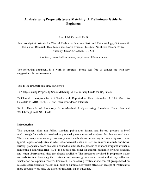 (DOC) Analysis using Propensity Score Matching: A Preliminary Guide for Beginners