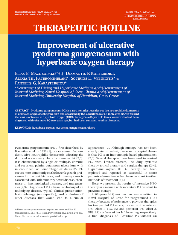 (PDF) Improvement of ulcerative pyoderma gangrenosum with hyperbaric oxygen therapy