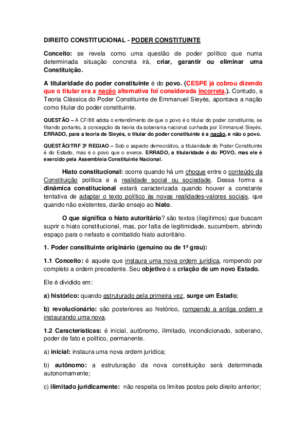 (DOC) DIREITO CONSTITUCIONAL -PODER CONSTITUINTE