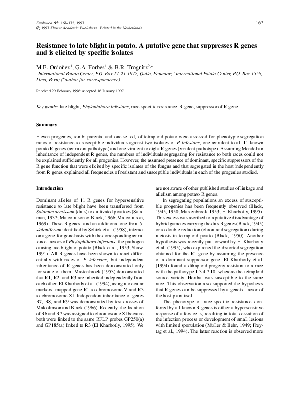 (PDF) Resistance to late blight in potato. A putative gene that ...