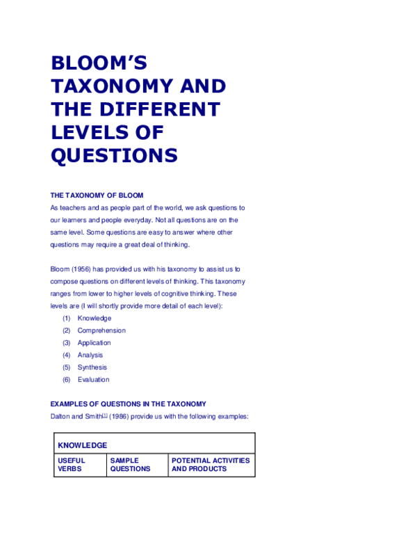 (DOC) BLOOM'S TAXONOMY AND THE DIFFERENT LEVELS OF QUESTIONS