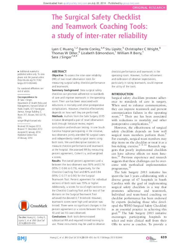 (PDF) The Surgical Safety Checklist and Teamwork Coaching Tools: a ...