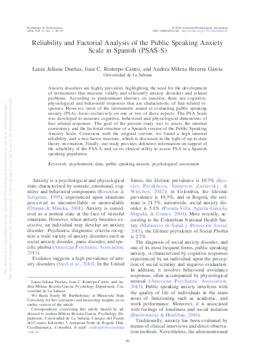 (PDF) Reliability and Factorial Analysis of the Public Speaking Anxiety ...