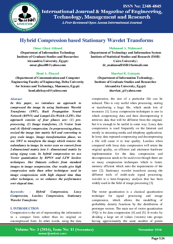 Pdf Hybrid Compression Based Stationary Wavelet Transforms