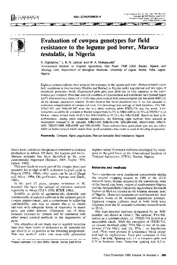 (PDF) Evaluation of cowpea genotypes for field resistance to the legume ...