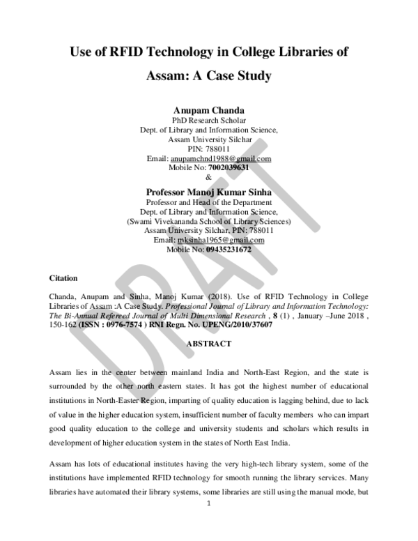 (PDF) Use of RFID Technology in College Libraries of Assam: A Case Study