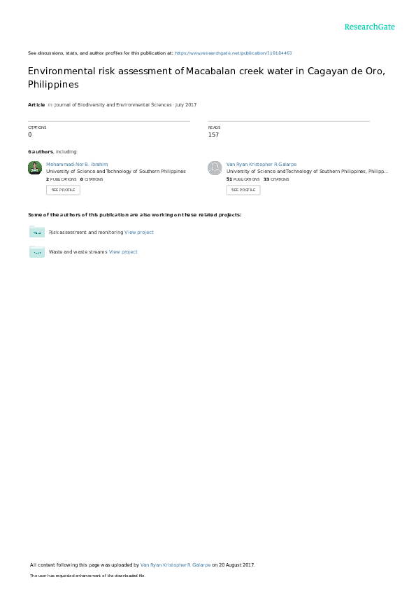 (PDF) Environmental risk assessment of Macabalan creek water in Cagayan ...