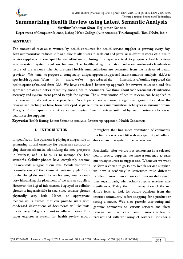 (PDF) Summarizing Health Review using Latent Semantic Analysis