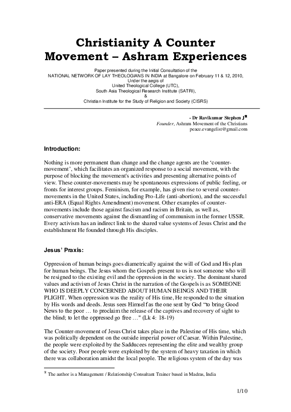 (PDF) Christianity A Counter Movement – Ashram Experiences