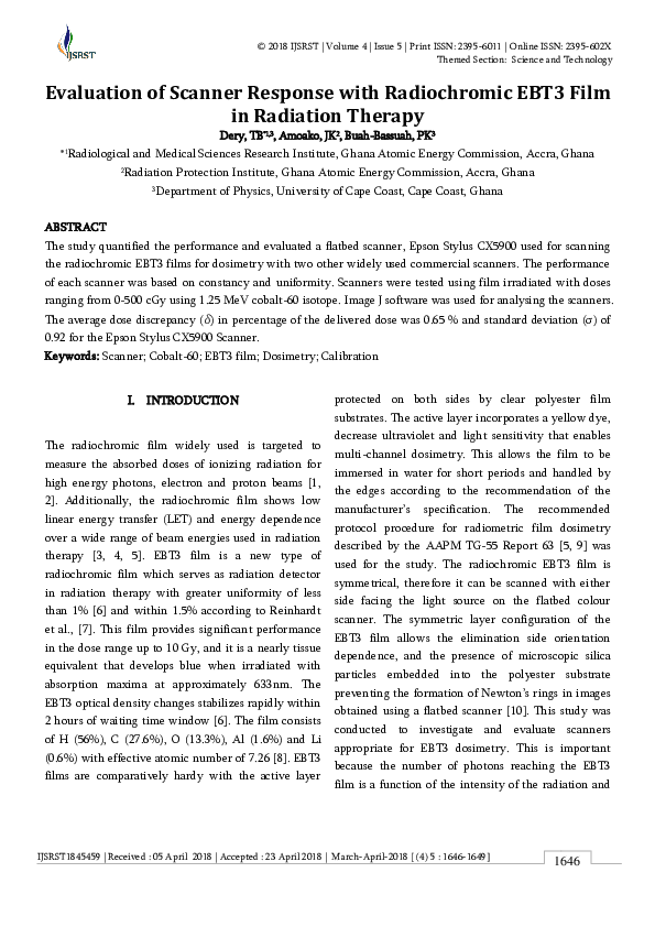 (PDF) Evaluation of Scanner Response with Radiochromic EBT3 Film in Radiation Therapy