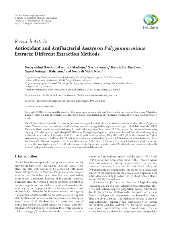 (PDF) Antioxidant and Antibacterial Assays on Polygonum minus Extracts ...