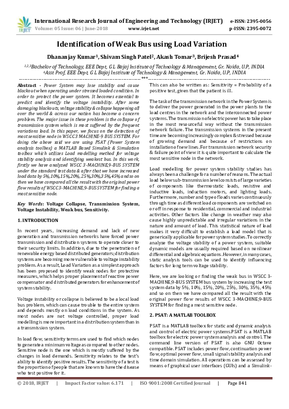 (PDF) IRJET- Identification of Weak Bus using Load Variation