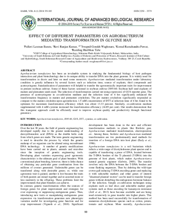 Pdf Effect Of Different Parameters On Agrobacterium Mediated