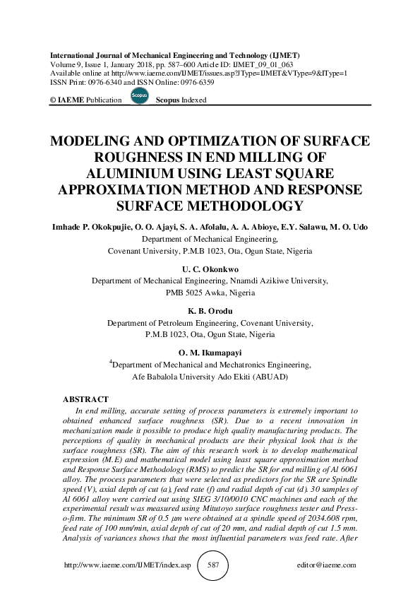 (PDF) MODELING AND OPTIMIZATION OF SURFACE ROUGHNESS IN END MILLING OF ALUMINIUM USING LEAST ...