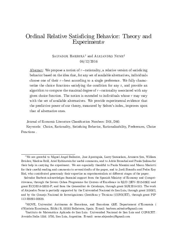 (PDF) Ordinal relative satisficing behavior: Theory and Experiments ...