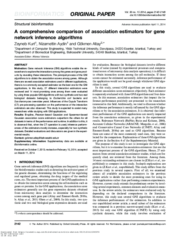 Pdf A Comprehensive Comparison Of Association Estimators For Gene Network Inference Algorithms