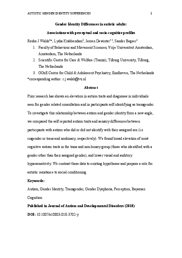 (PDF) Brief Report: Gender Identity Differences in autistic adults ...