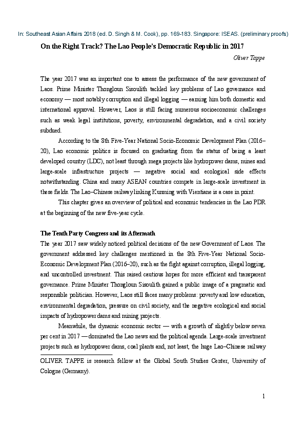 (PDF) On the Right Track? The Lao People's Democratic Republic in 2017