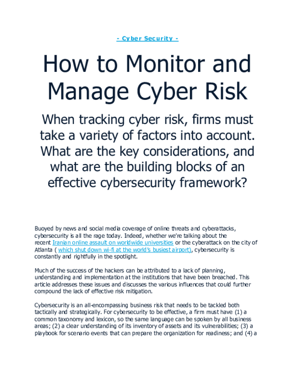 (PDF) How to Monitor and Manage Cyber Risk