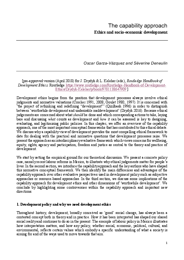 (PDF) The Capability Approach: Ethics and socio-economic development