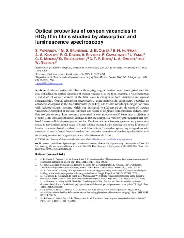 (PDF) Optical properties of oxygen vacancies in HfO2 thin films studied ...