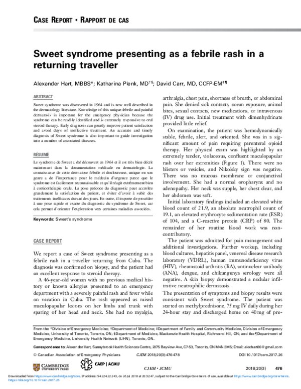 (PDF) Sweet syndrome presenting as a febrile rash in a returning traveller