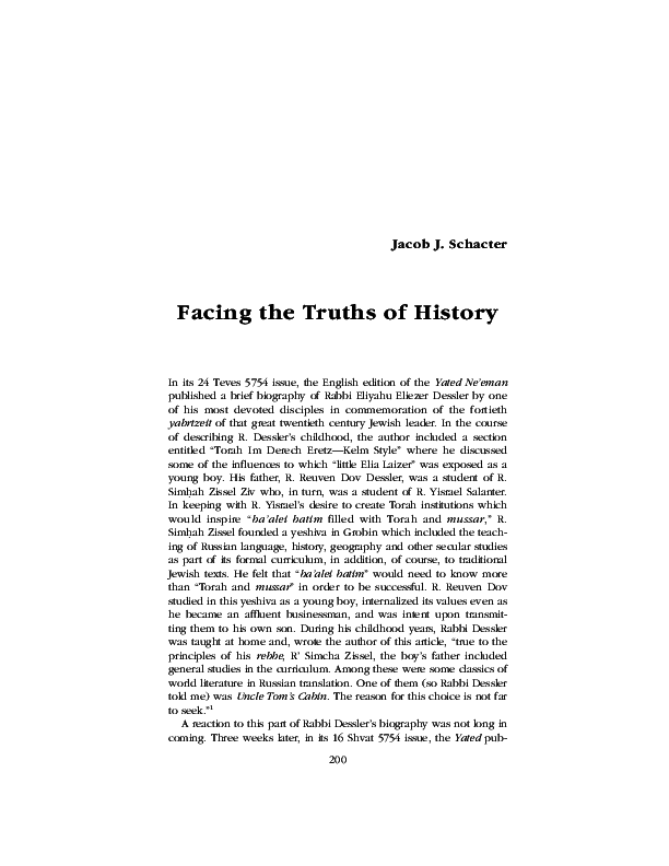 (PDF) Jacob J. Schacter, “Facing the Truths of History,” The Torah u-Madda Journal, vol. 8 (1998 ...