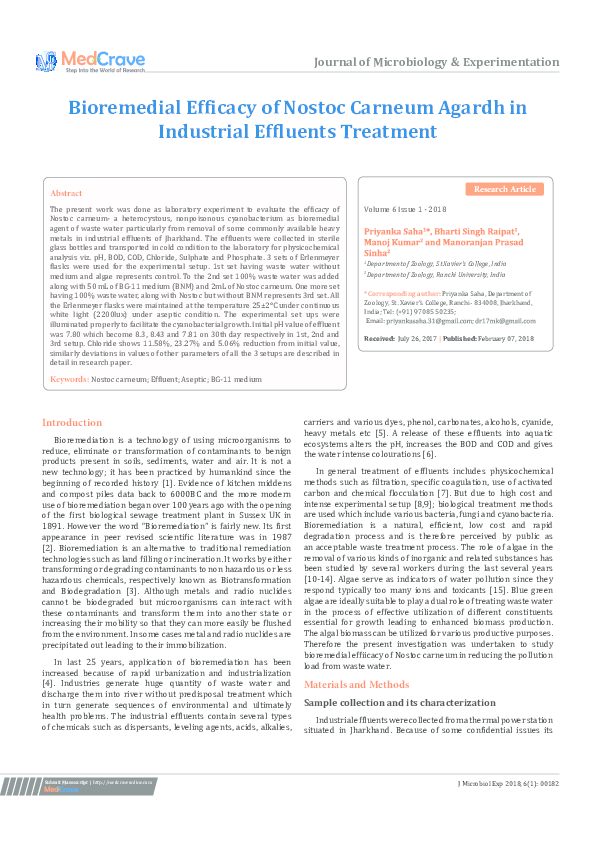 (PDF) Bioremedial Efficacy of Nostoc Carneum Agardh in Industrial ...