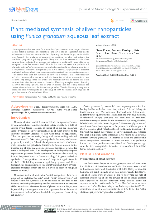 (PDF) Plant mediated synthesis of silver nanoparticles using Punica granatum aqueous leaf ...