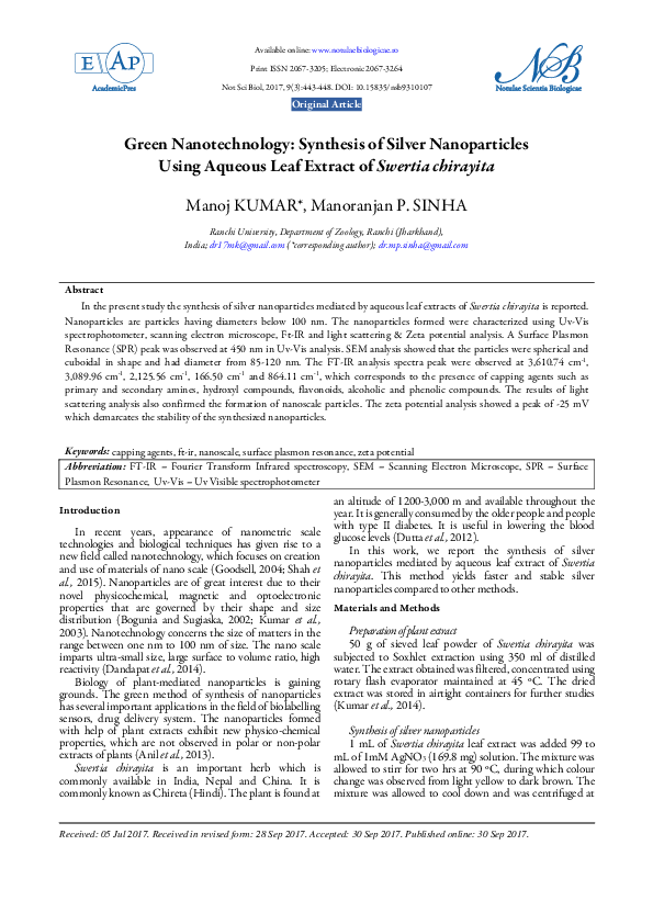 (PDF) Green Nanotechnology: Synthesis of Silver Nanoparticles Using Aqueous Leaf Extract of ...