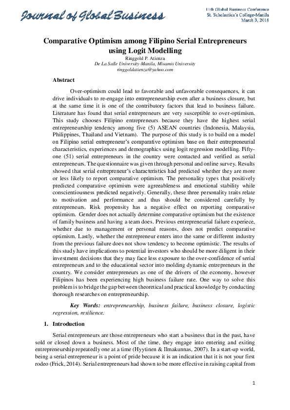 (PDF) Comparative Optimism among Filipino Serial Entrepreneurs using ...