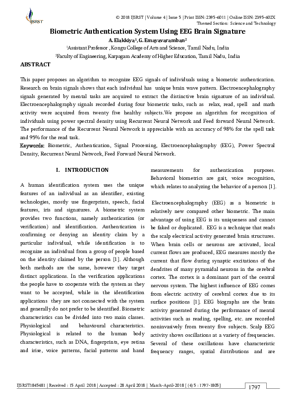 Pdf Biometric Authentication System Using Eeg Brain Signature