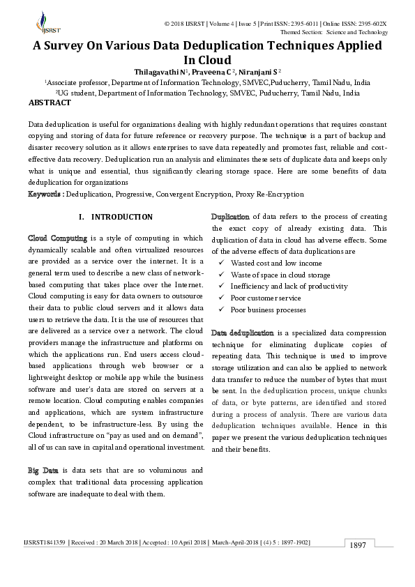 (PDF) A Survey On Various Data Deduplication Techniques Applied In Cloud