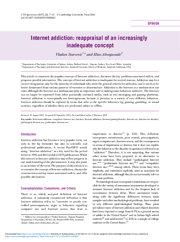 (PDF) Internet addiction: reappraisal of an increasingly inadequate concept