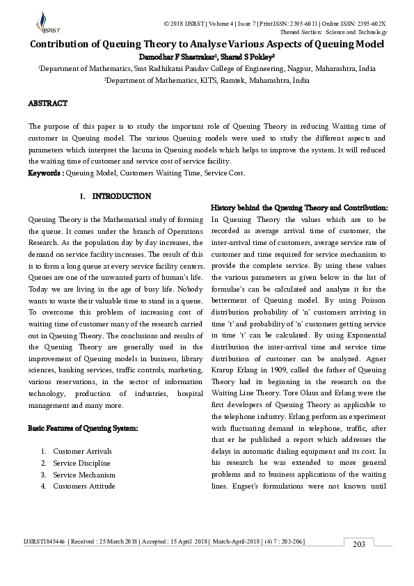 (PDF) Contribution of Queuing Theory to Analyse Various Aspects of Queuing Model