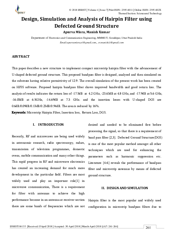 (PDF) Design, Simulation and Analysis of Hairpin Filter using Defected Ground Structure