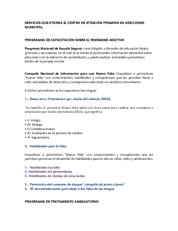 (DOC) SERVICIOS QUE OTORGA EL CENTRO DE ATENCION PRIMARIA EN ADICCIONES MUNICIPAL