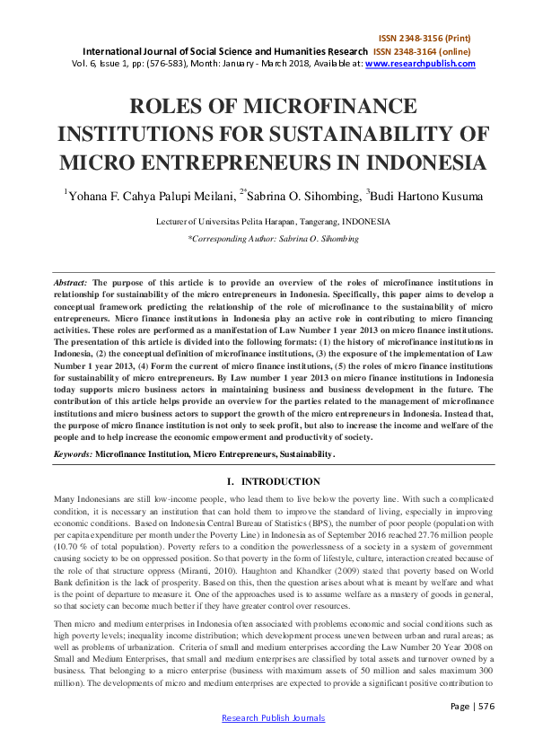 (PDF) ROLES OF MICROFINANCE INSTITUTIONS FOR SUSTAINABILITY OF MICRO ENTREPRENEURS IN INDONESIA