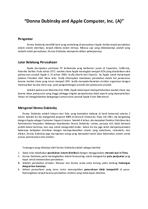 (DOC) " Donna Dubinsky and Apple Computer, Inc. (A) " Pengantar