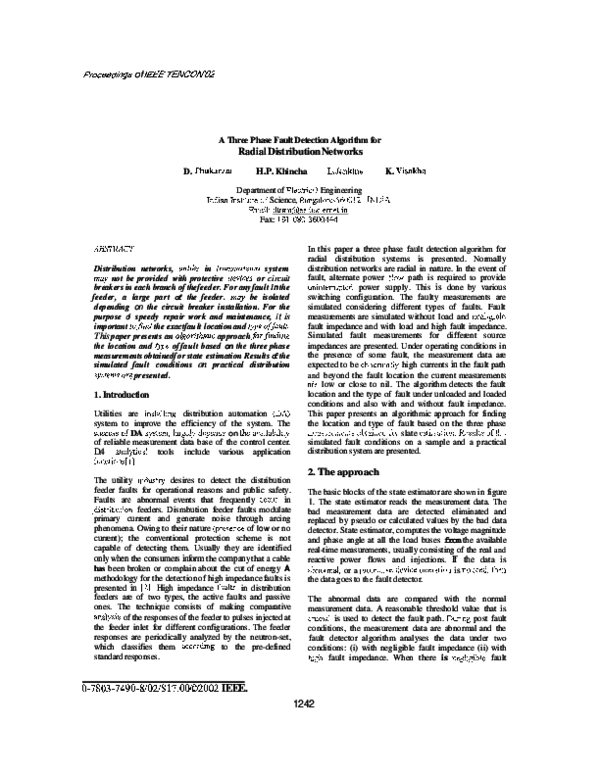 Pdf A Three Phase Fault Detection Algorithm For Radial Distribution Networks Lawrence