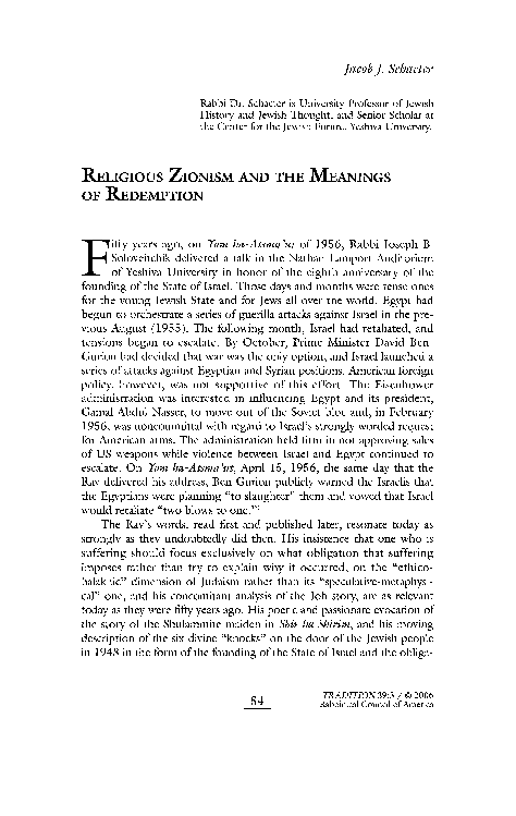 (PDF) Jacob J. Schacter, “Religious Zionism and the Meanings of Redemption,” Tradition: A ...