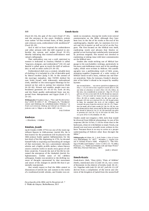 (PDF) Jacob J. Schacter, “Jacob Emden,” in Encyclopedia of the Bible and its Reception, vol. 7 ...