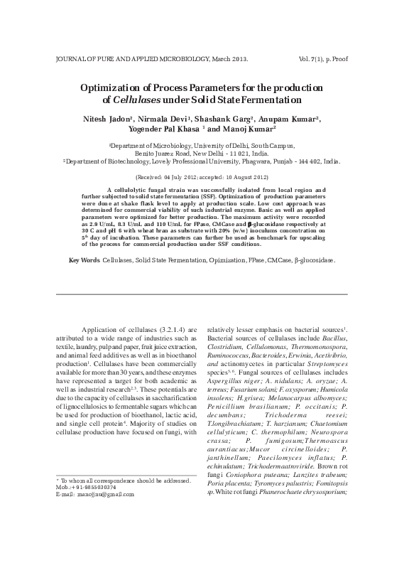 Pdf Optimization Of Process Parameters For The Production Of Cellulases Under Solid State