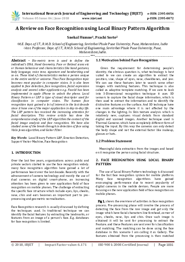 Pdf Irjet A Review On Face Recognition Using Local Binary Pattern Algorithm