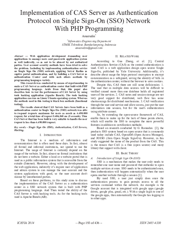 (PDF) Implementation of CAS Server as Authentication Protocol on Single Sign-On (SSO) Network ...