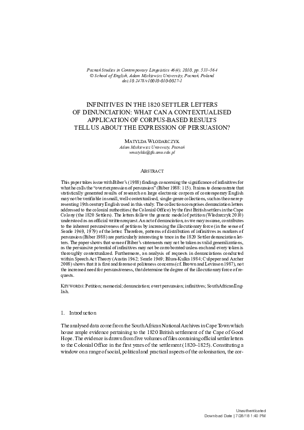 (PDF) Infinitives in the 1820 Settler Letters of Denunciation: What can ...