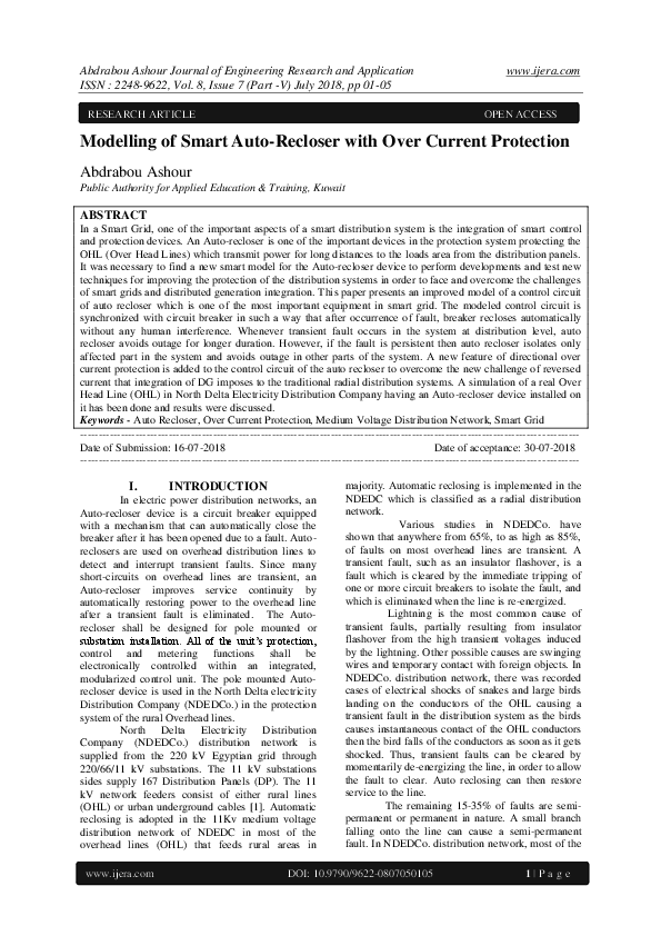 (PDF) Modelling of Smart Auto-Recloser with Over Current Protection