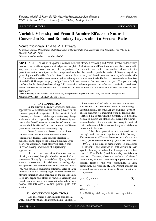 Pdf Variable Viscosity And Prandtl Number Effects On Natural Convection Ethanol Boundary